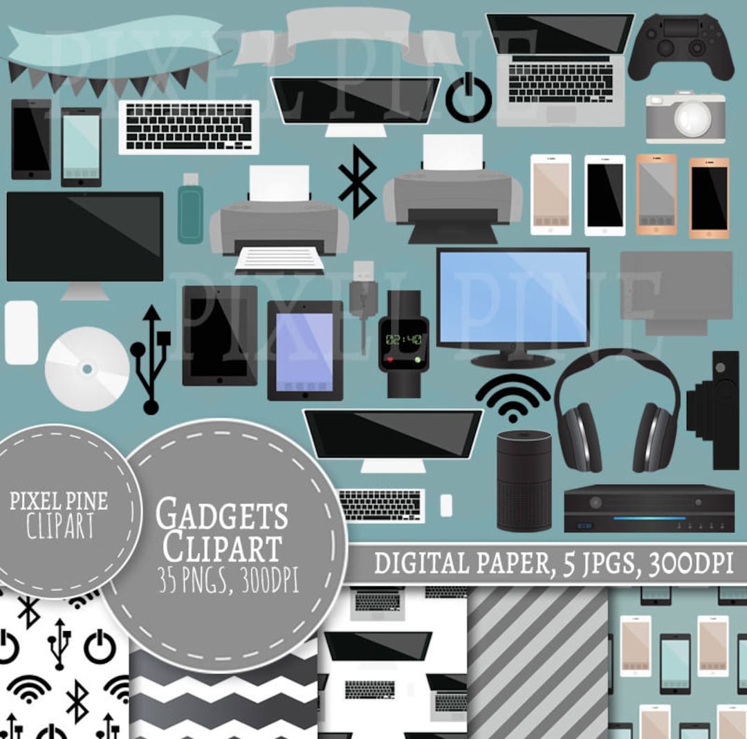 Gadgets Clipart, Technology Themed 35 Pngs, 5 Gadget Digital Paper Jpgs ...