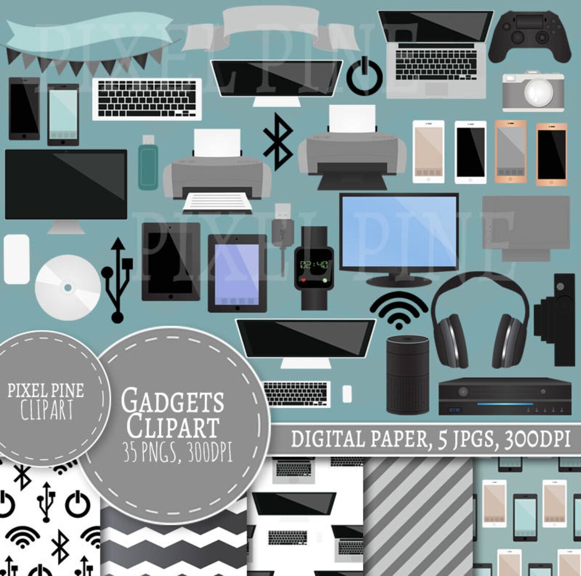 Gadgets Clipart, Technology Themed 35 Pngs, 5 Gadget Digital Paper Jpgs ...