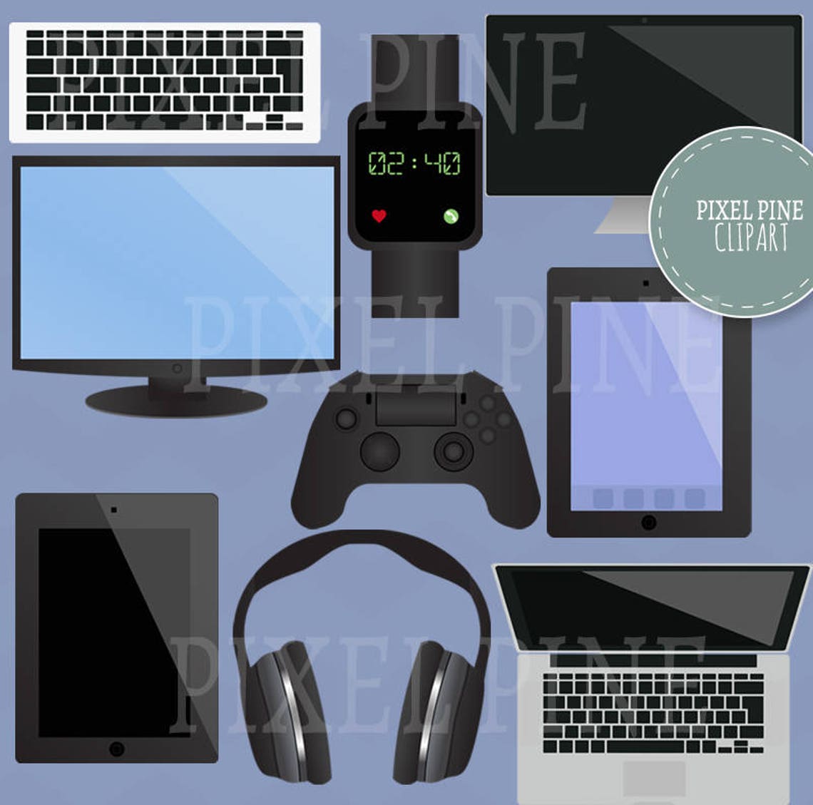 Gadgets Clipart, Technology Themed 35 Pngs, 5 Gadget Digital Paper Jpgs ...