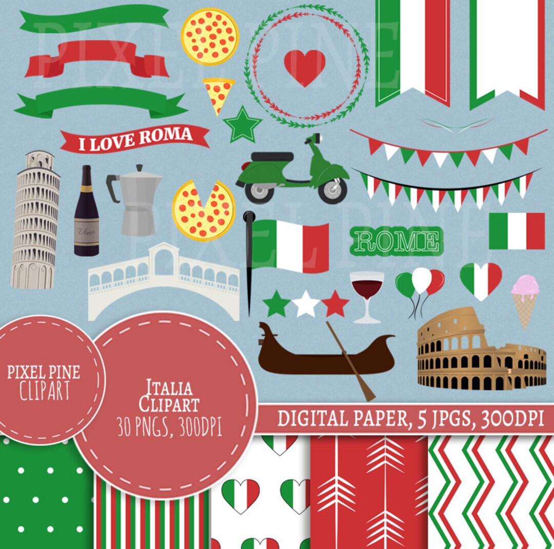 Italian Clipart Set, 30 Pngs, 5 Italy Digital Paper Jpgs, Commercial ...