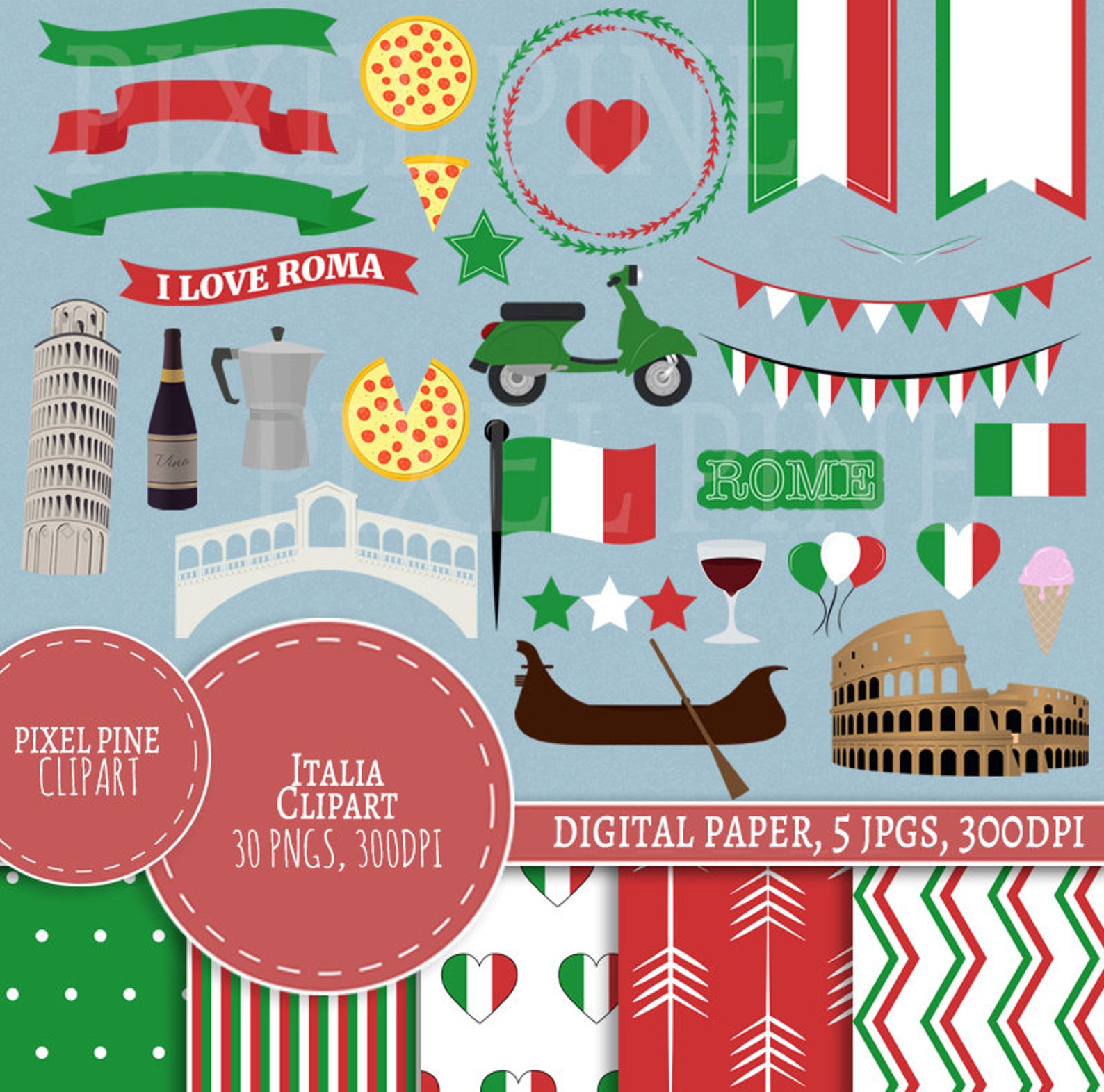 Italian Clipart Set 30 Pngs 5 Italy Digital Paper Jpgs - Etsy Canada