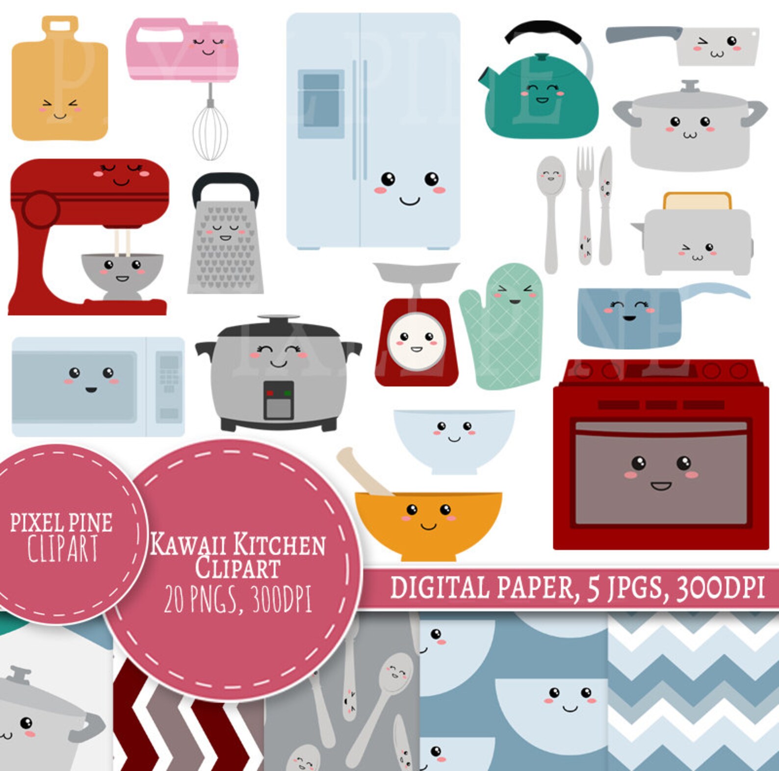 Kawaii Kitchen Clipart Set, 20 Pngs, 5 Kawaii Kitchen Digital Paper ...