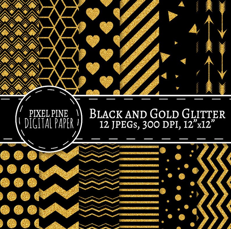 Gold Glitter Digital Paper Black and Gold Glitter, 12 Jpgs Commercial ...