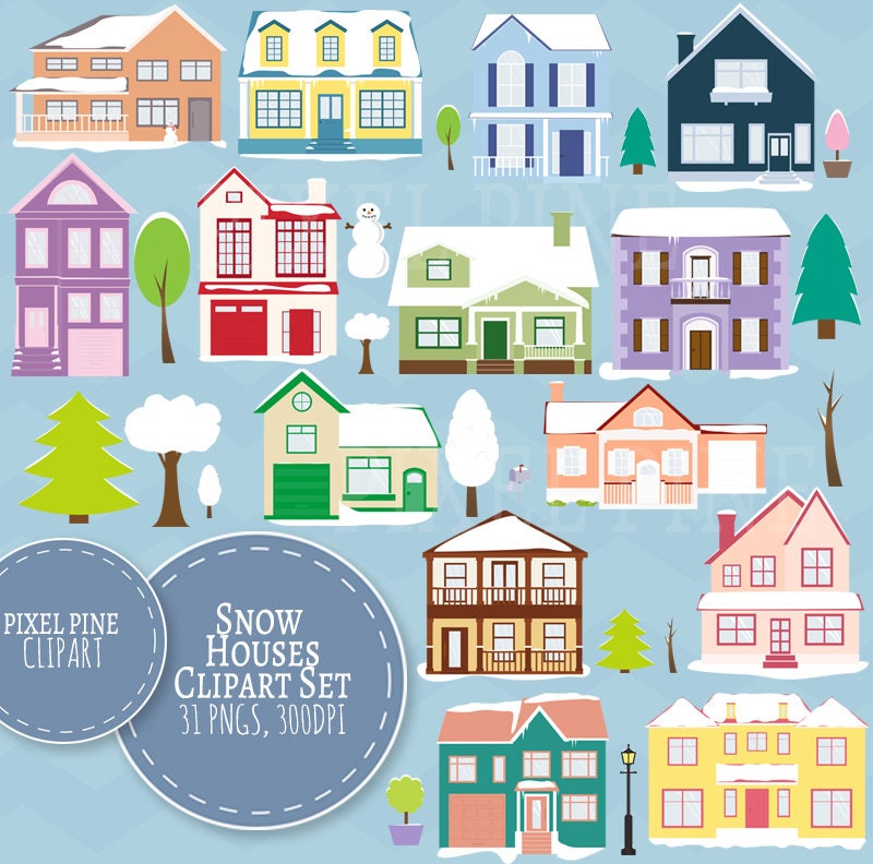 Winter Houses Clipart Cute snowy houses Clipart snow homes | Etsy