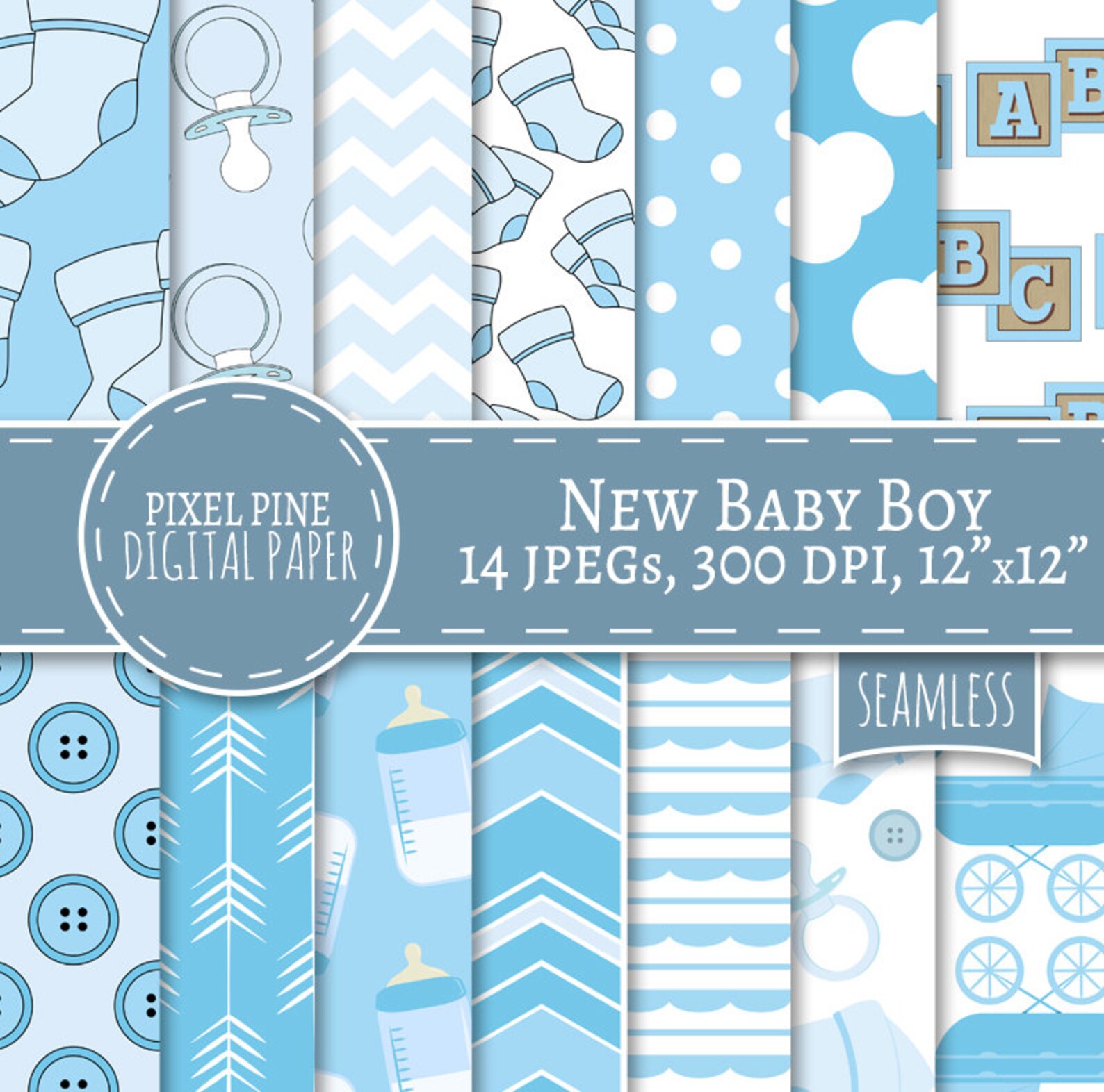 Baby Boy Digital Paper Blue Baby Shower Digital Papers, 14 Jpgs ...
