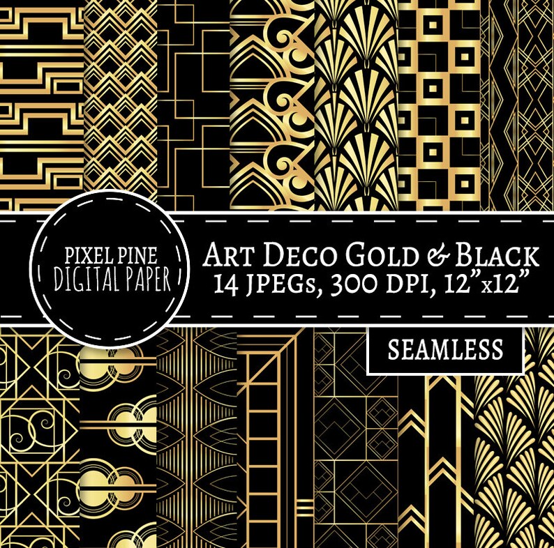Art Deco Digital Paper, 14 Jpgs, Commercial Use, Seamless Black and ...