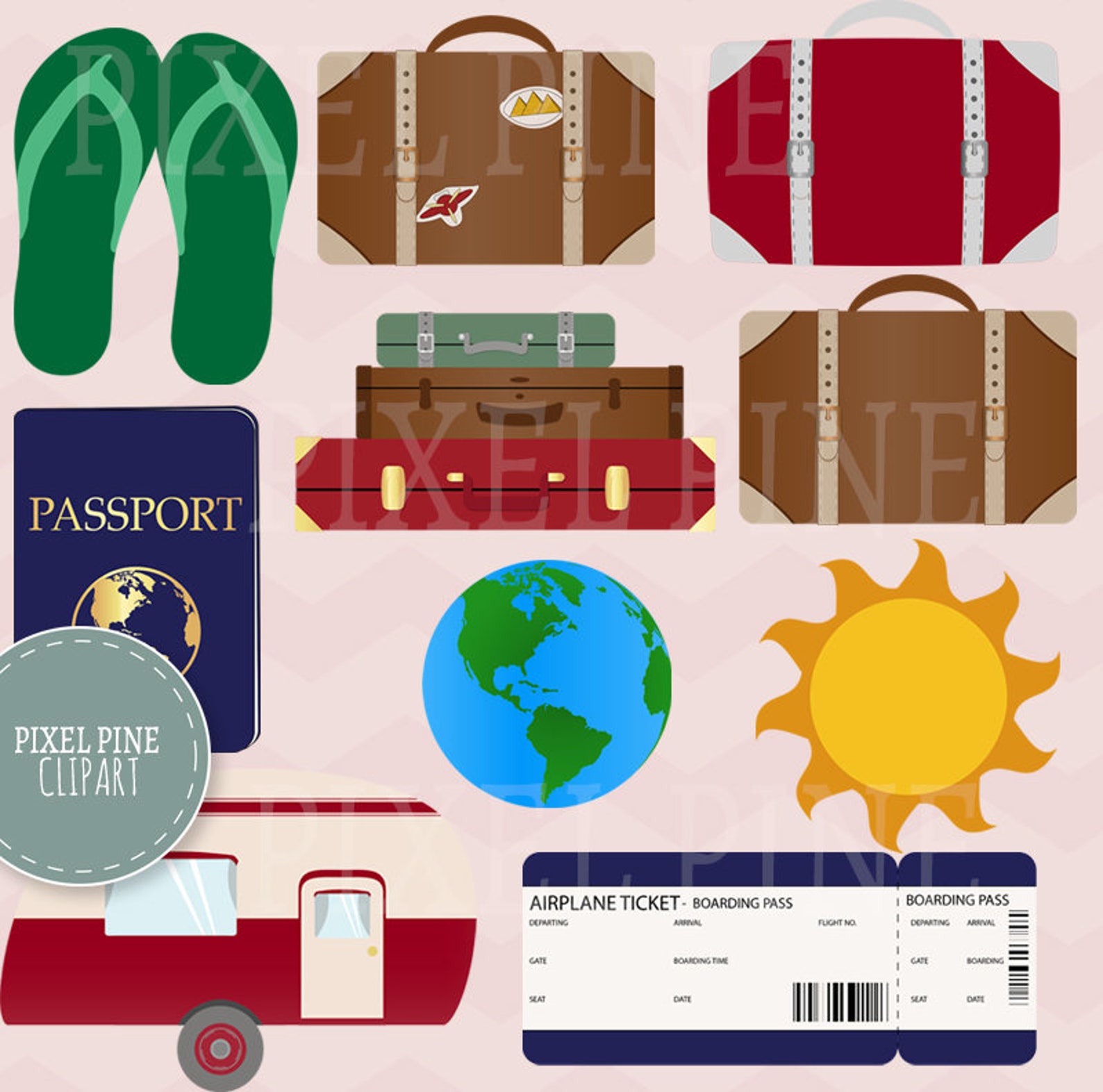 Travel Clipart Set, 35 Pngs, 5 Travel the World Digital Paper Jpgs ...