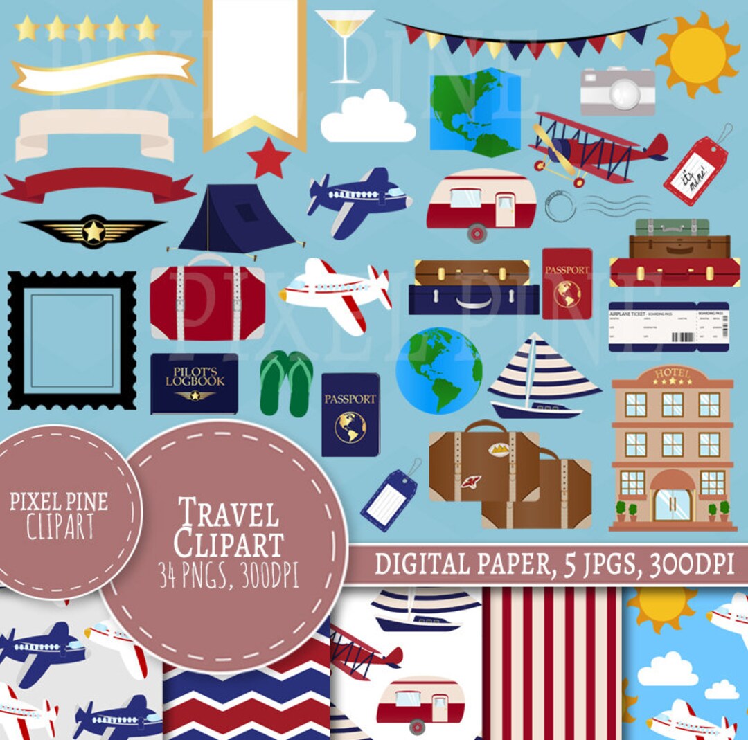 Travel Clipart Set, 35 Pngs, 5 Travel the World Digital Paper Jpgs ...