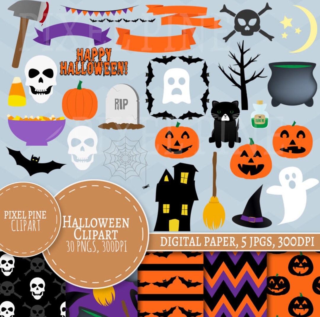 Halloween Clipart Set, 30 Pngs, 5 Halloween Digital Paper Jpgs ...