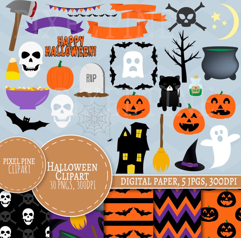 Halloween Clipart Set 30 PNGs 5 Halloween Digital Paper | Etsy