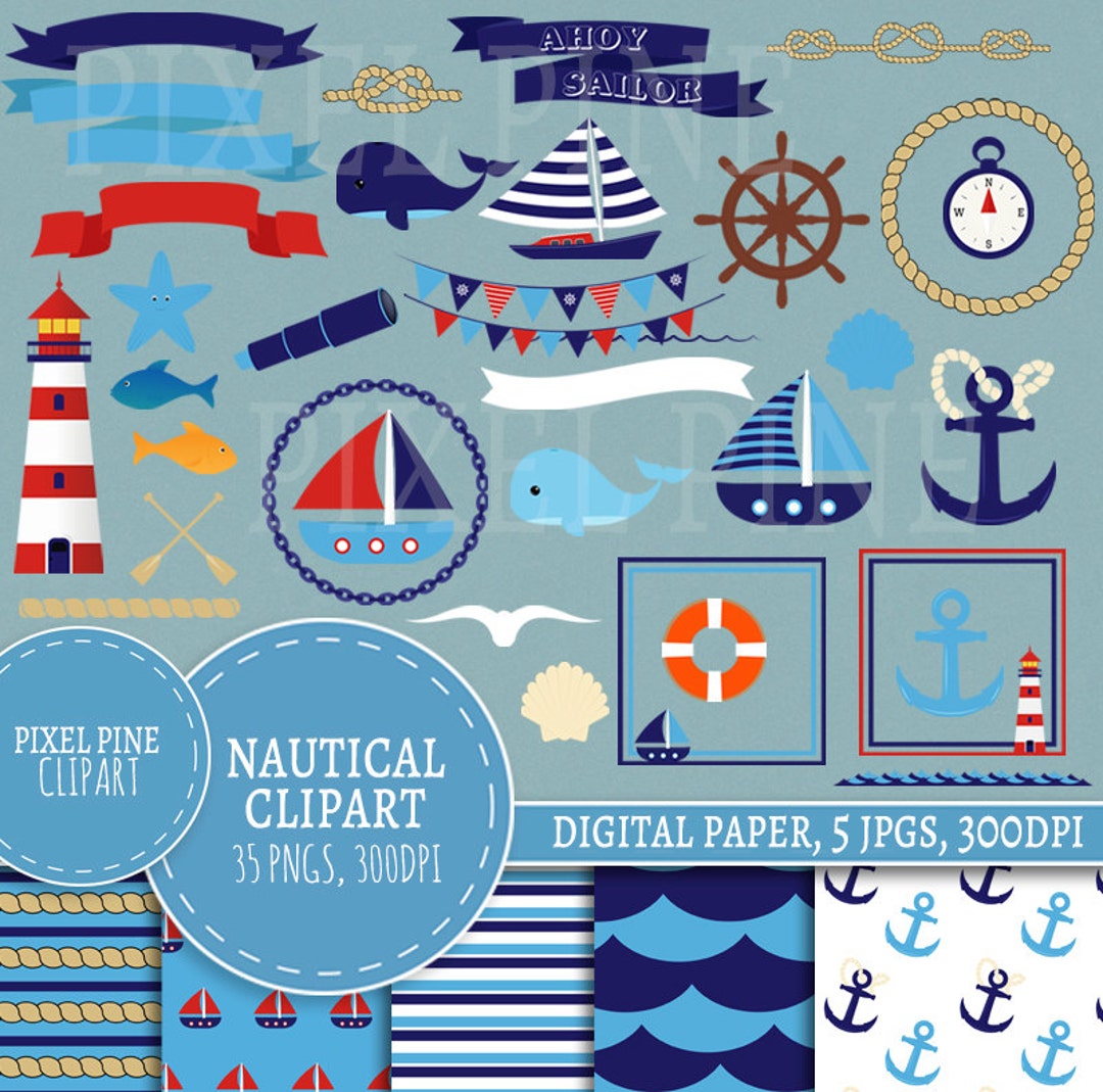 Nautical Clipart Set, 35 Pngs, 5 Nautical Digital Paper Jpgs ...