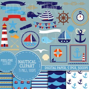 Nautical Clipart Set, 35 Pngs, 5 Nautical Digital Paper Jpgs ...
