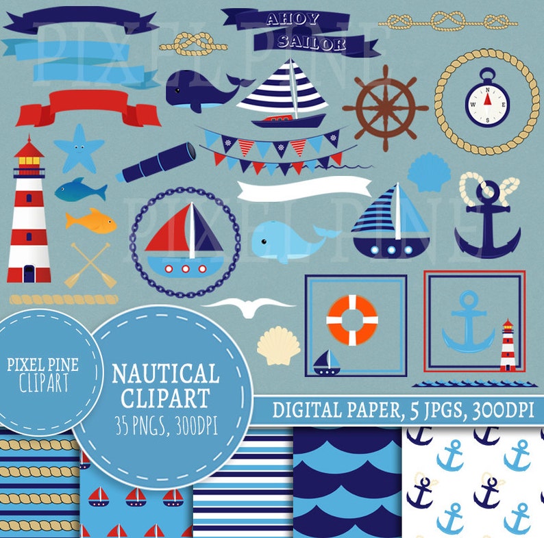 Nautical Clipart Set, 35 Pngs, 5 Nautical Digital Paper Jpgs ...