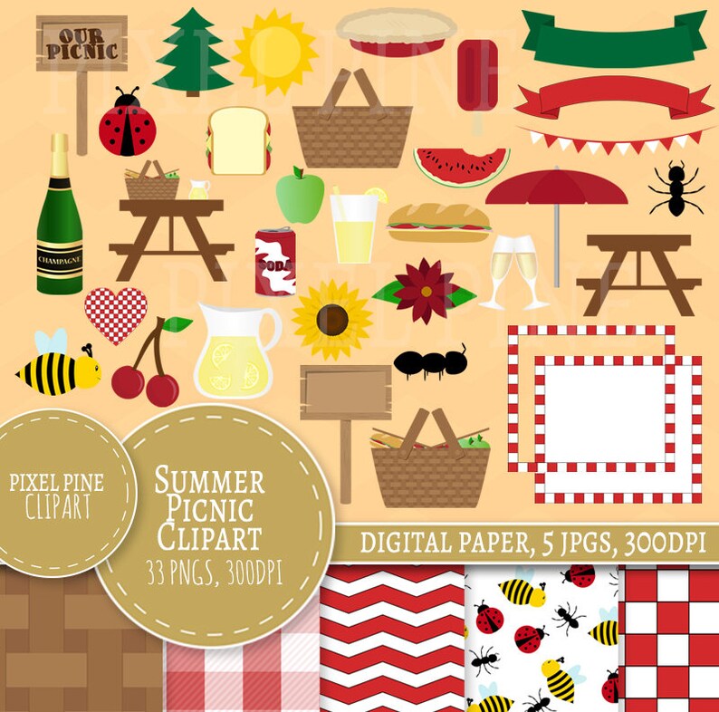 Picnic Clipart Set, Summer Picnic Clipart, 33 Pngs, 5 Picnic Digital ...