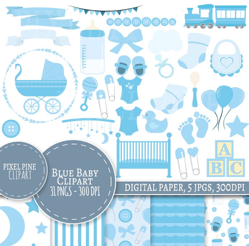Baby Boy Clipart Set, 31 Pngs, 5 Baby Boy Digital Paper Jpgs ...