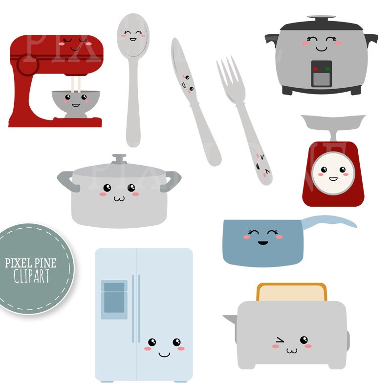 Kawaii Kitchen Clipart Set, 20 Pngs, 5 Kawaii Kitchen Digital Paper ...
