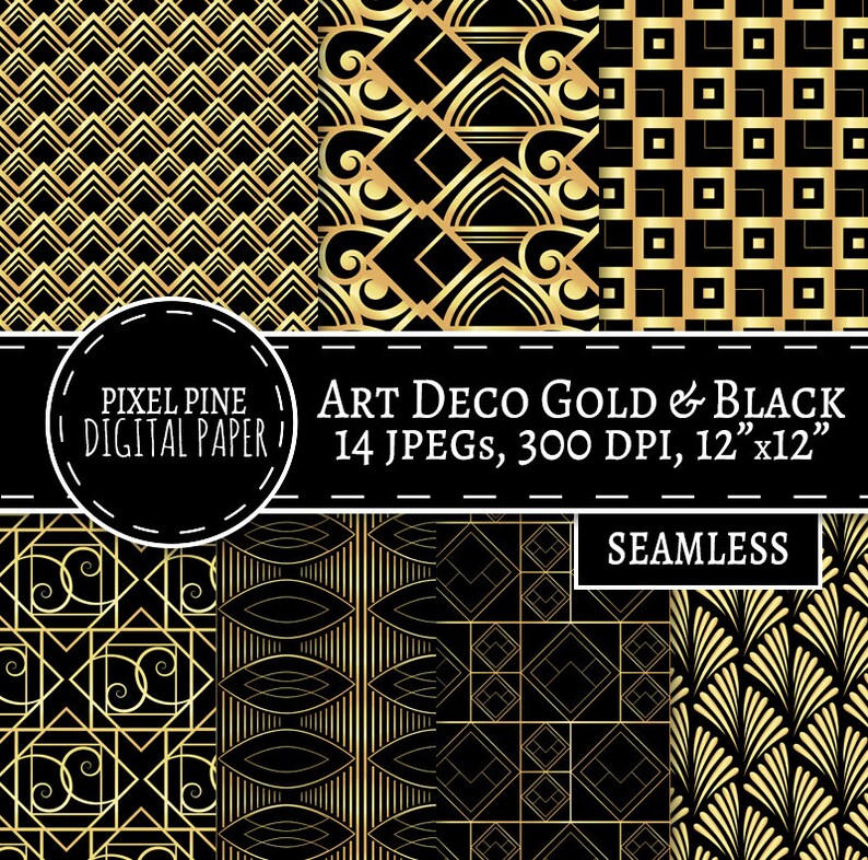 Art Deco Digital Paper, 14 Jpgs, Commercial Use, Seamless Black and ...