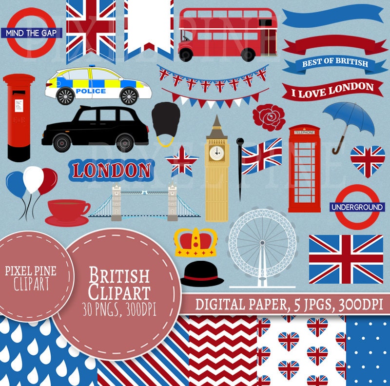 British Clipart Set, 30 Pngs, 5 British Digital Paper Jpgs, Commercial ...