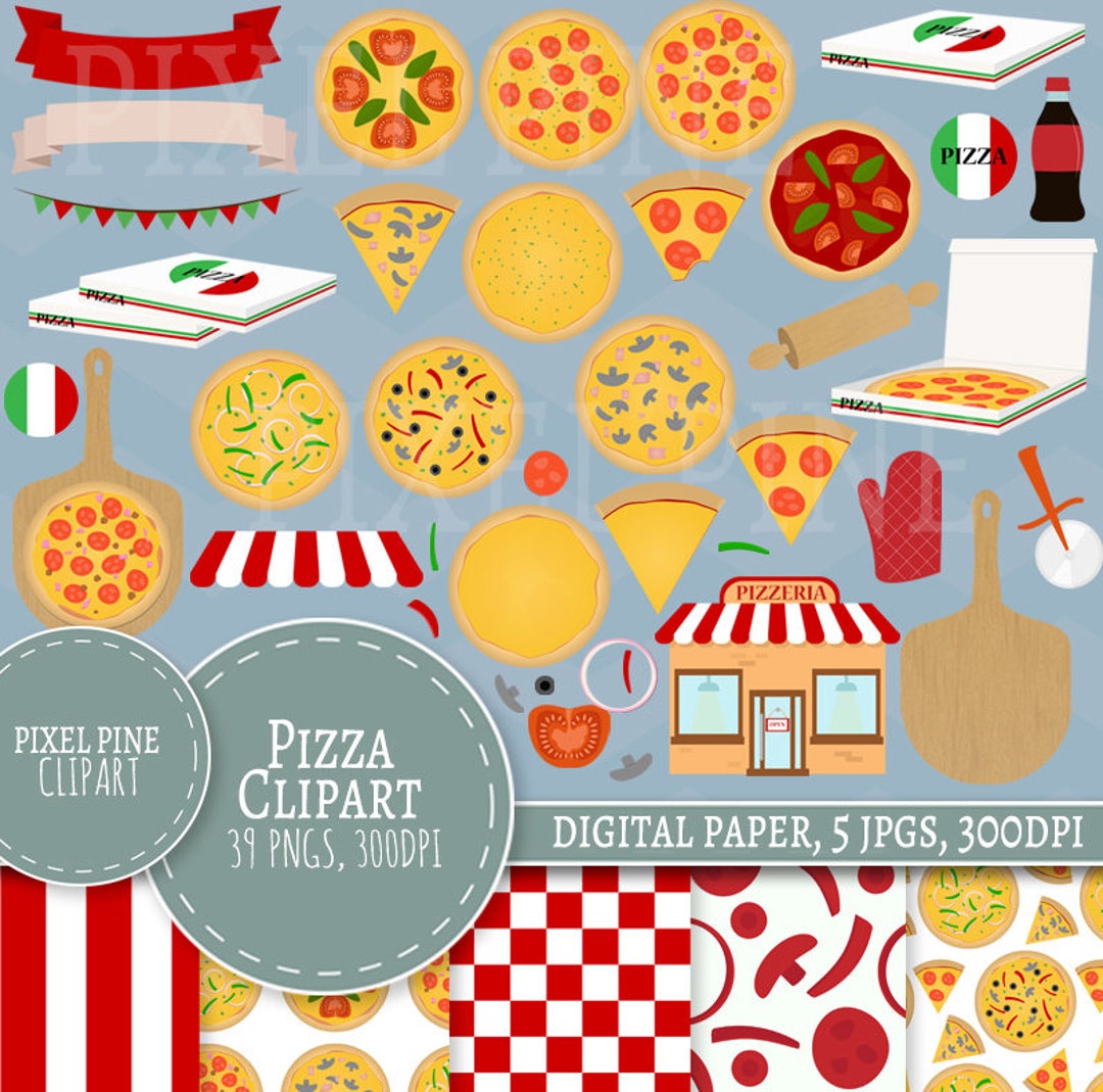 Pizza Clipart Set, 39 Pngs, 5 Pizza Party Digital Paper Jpgs ...
