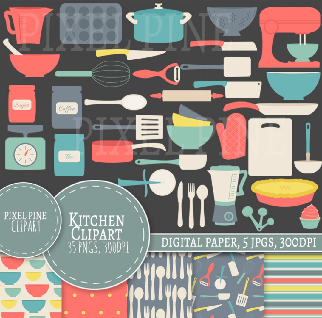 Kitchen Clipart Set, Red Dining Set 35 Pngs, 5 Kitchen Digital Paper ...