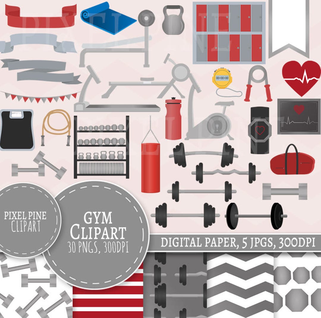 Gym Clipart Set, Gym equipment clipart, 30 PNGs, 5 Gym Digital Paper ...