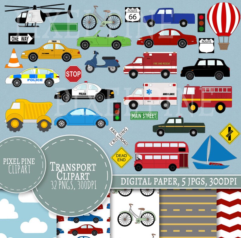 Transport Clipart Set, 32 Pngs, 5 Transport Digital Paper Jpgs ...