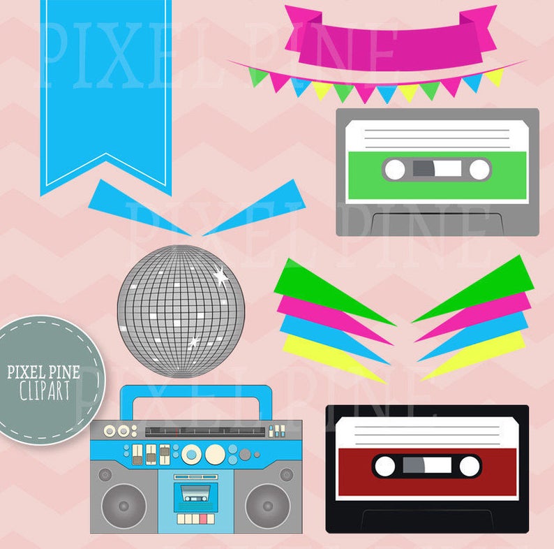 Eighties Clipart Set, 30 Pngs, 5 1980s Disco Digital Paper Jpgs ...