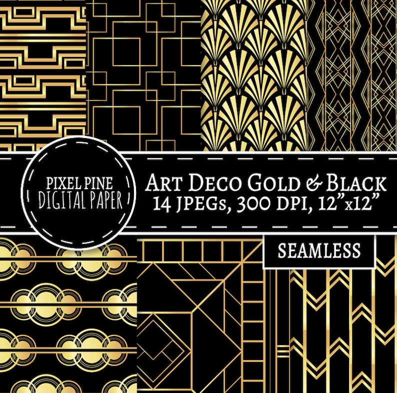 Art Deco Digital Paper, 14 Jpgs, Commercial Use, Seamless Black and ...