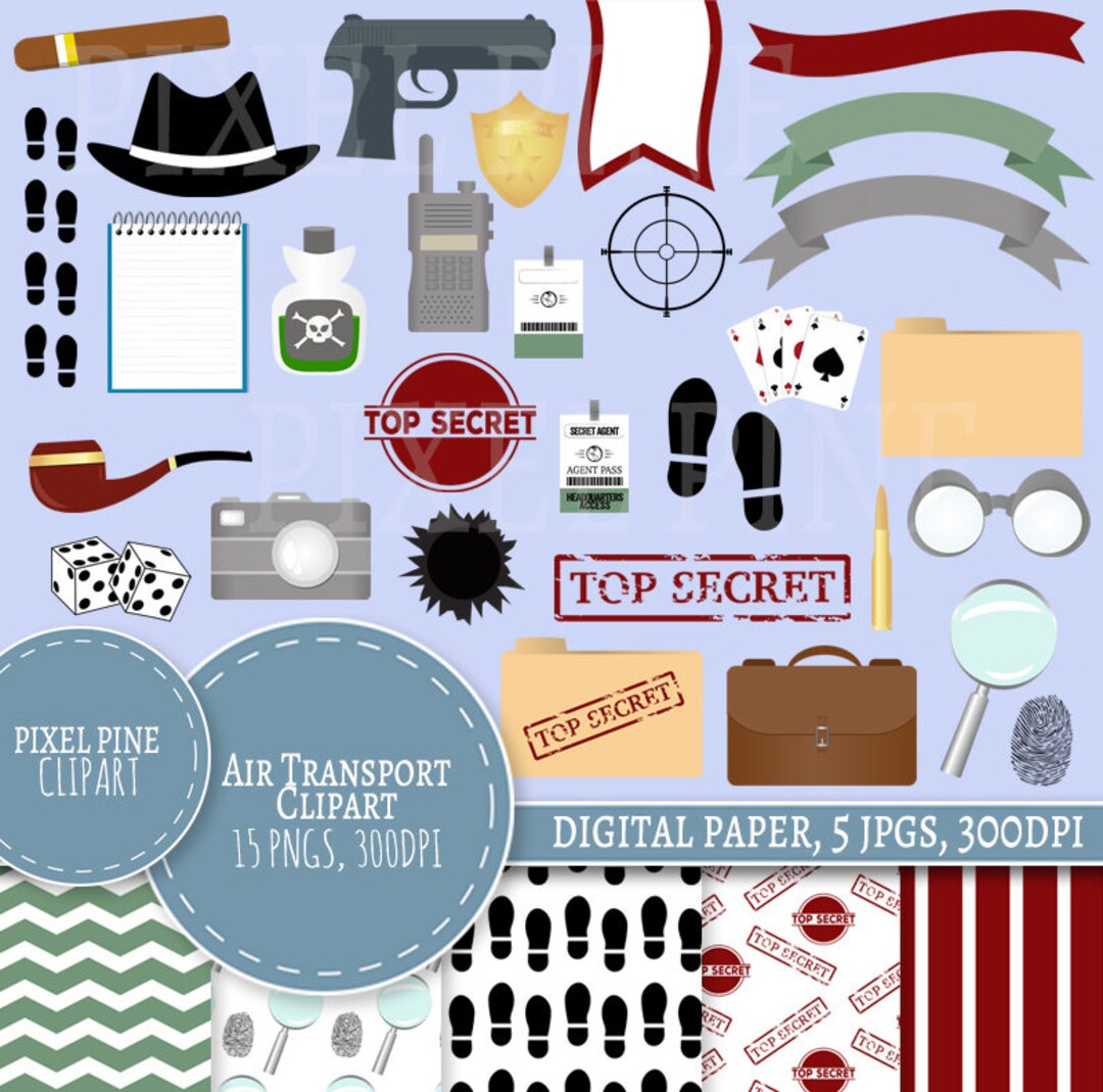 Spy Clipart Set, Secret Agent Themed 30 Pngs, 5 Detective Digital Paper ...