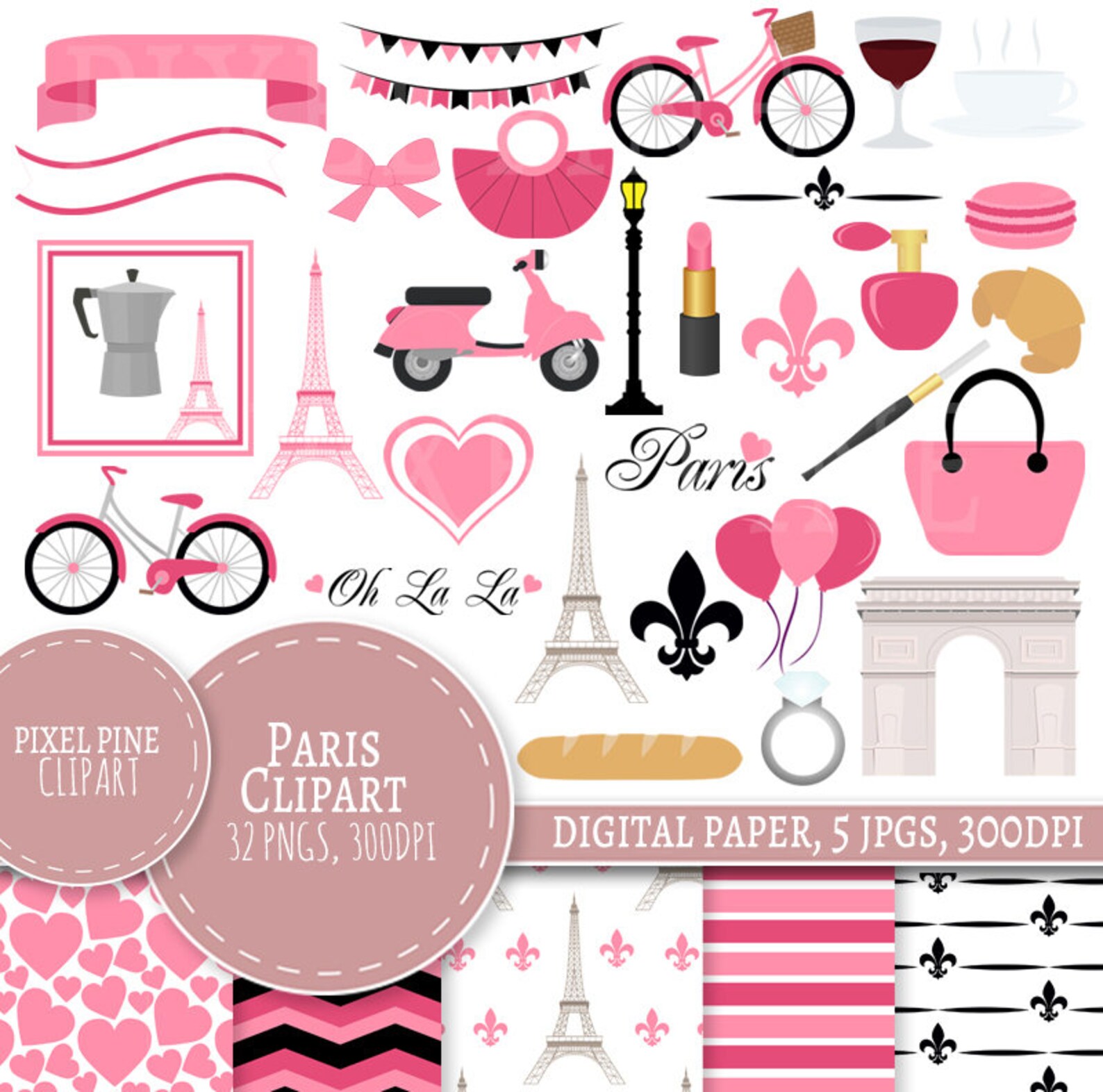 Paris Clipart Set, Pink Paris Clipart, 32 Pngs, 5 Paris Digital Paper ...