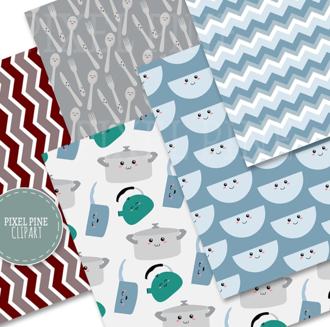 Kawaii Kitchen Clipart Set, 20 Pngs, 5 Kawaii Kitchen Digital Paper ...