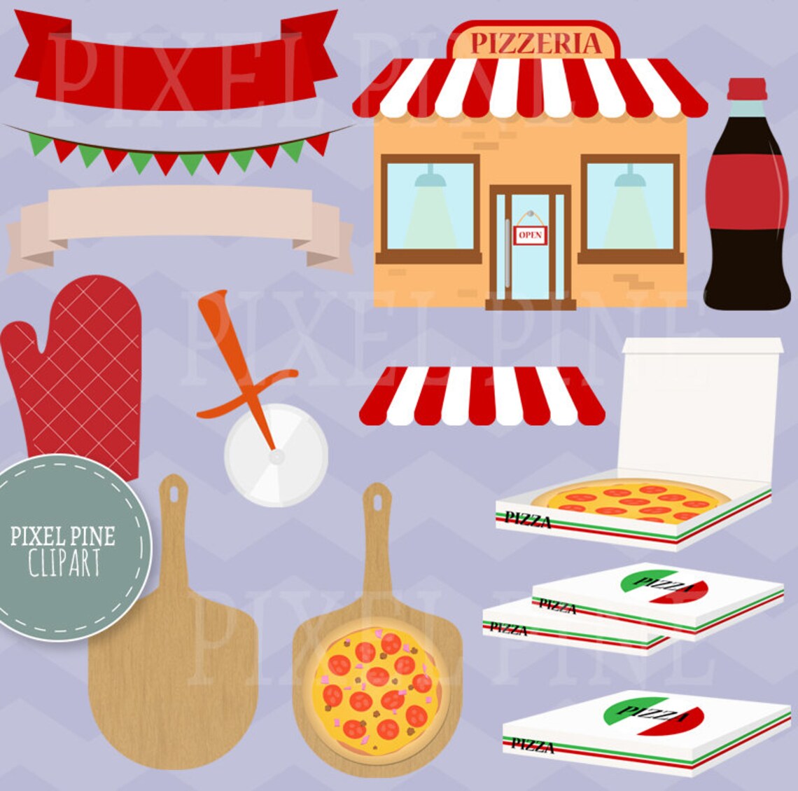 Pizza Clipart Set, 39 Pngs, 5 Pizza Party Digital Paper Jpgs ...