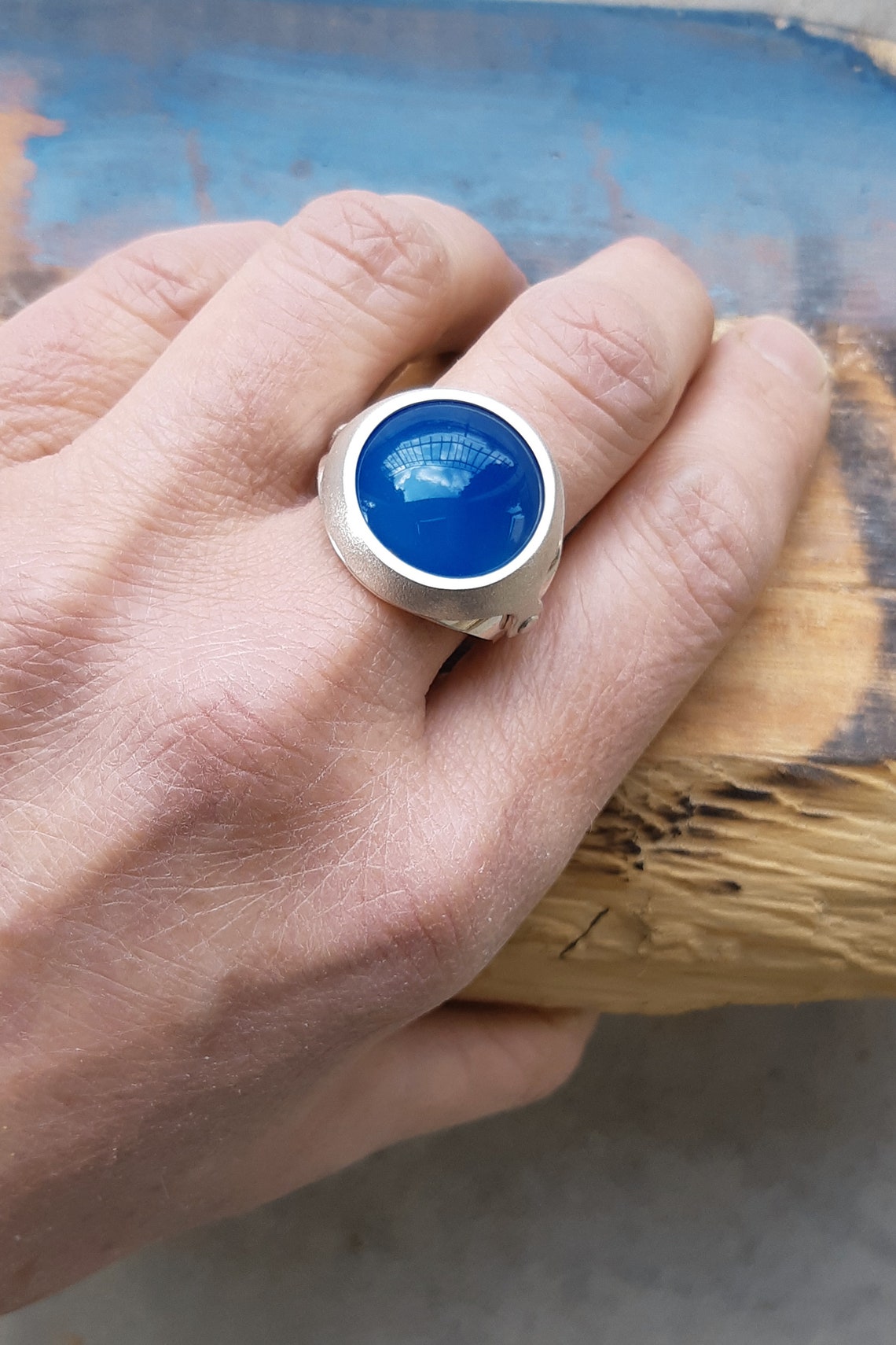 Blue Agate Stone Set in Sterling Silver Handcrafted Ring - Etsy