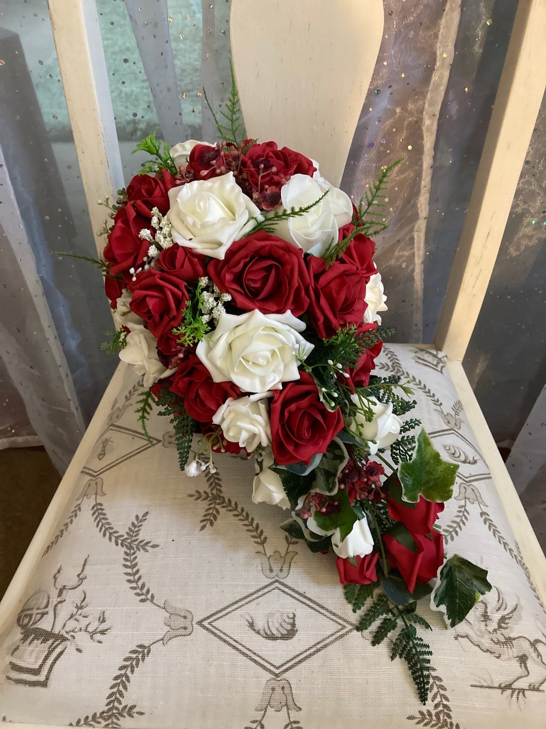 Ruby Red and Ivory Foam Roses Bouquet, Teardrop Bouquet Ivory and Ruby ...
