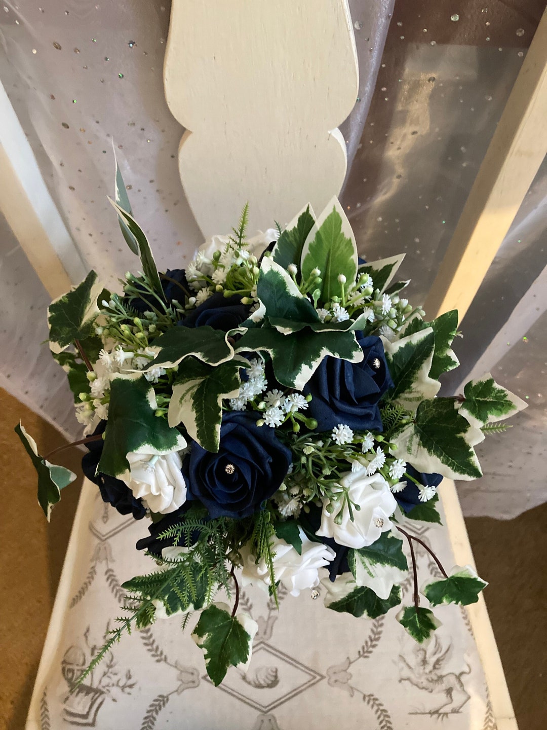 Navy and White Rose Bouquet With Ivy and Ferns, White and Navy Hand ...