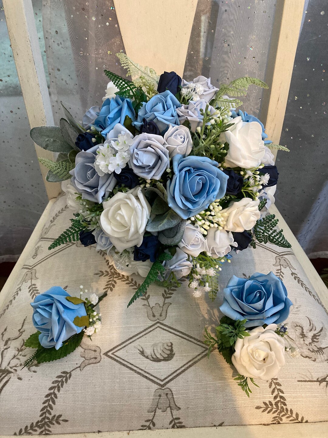 Mixed Blue Rose Bouquet With Ferns and Eucalyptus Artificial - Etsy