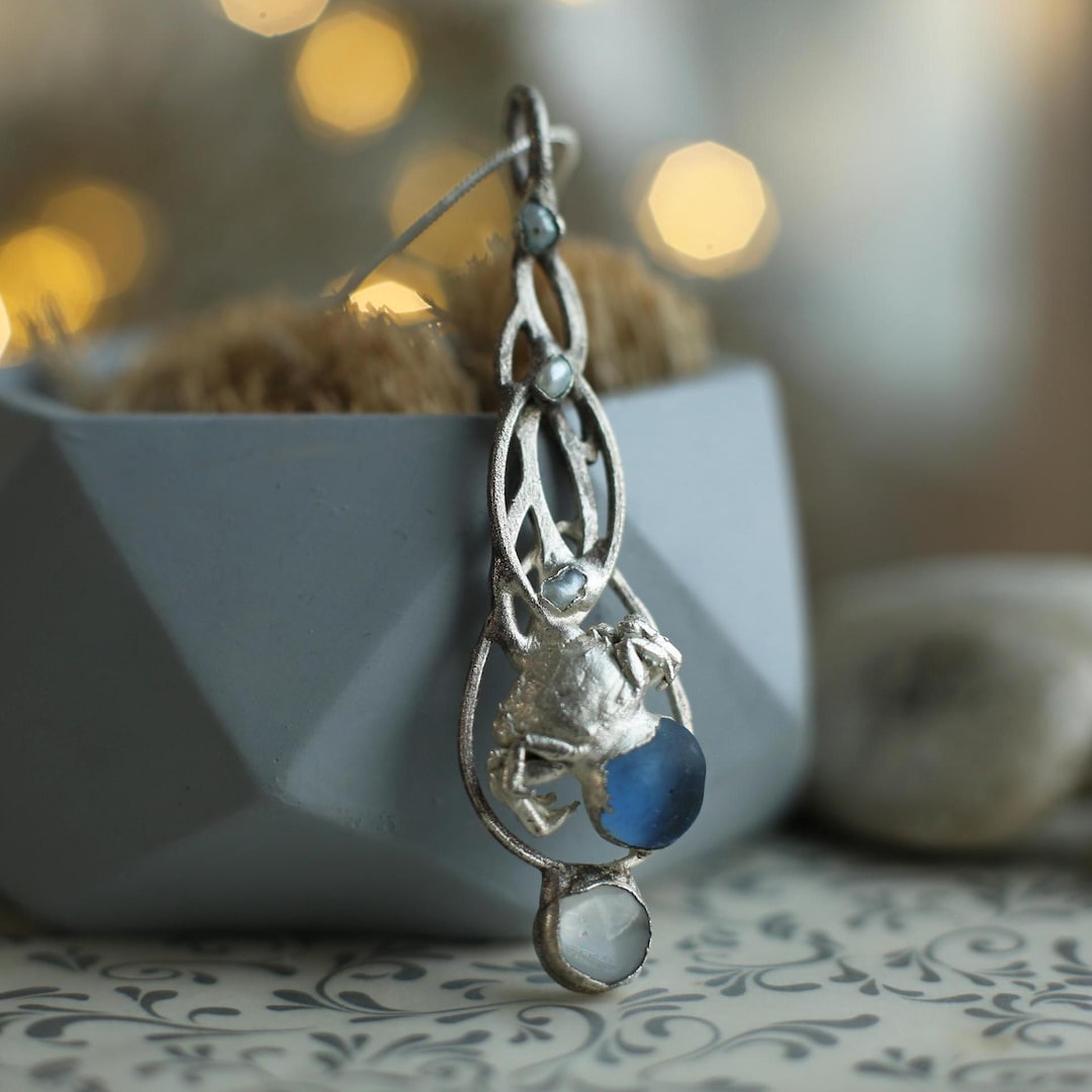 999 Silver Crab Necklace, Turquoise Sea Glass Pendant, Pure Silver ...