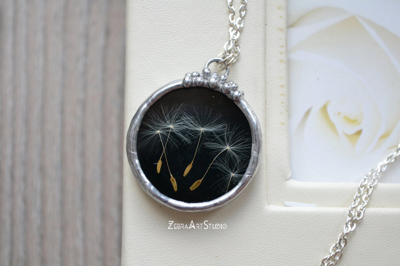 Dandelion Wish Necklace, Black Glass Pendant, Terrarium Seeds Nature ...