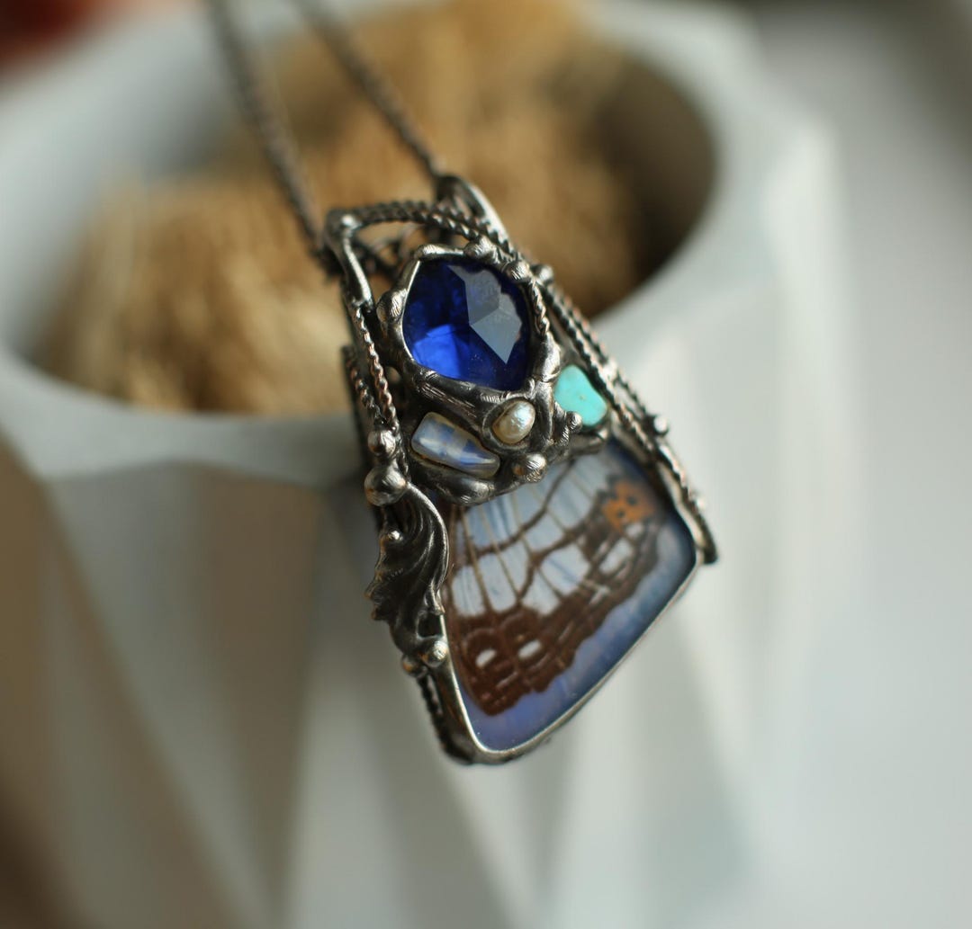 Real Moth Choker Necklace, Blue Crystal Pendant, Dainty Multicrystal ...