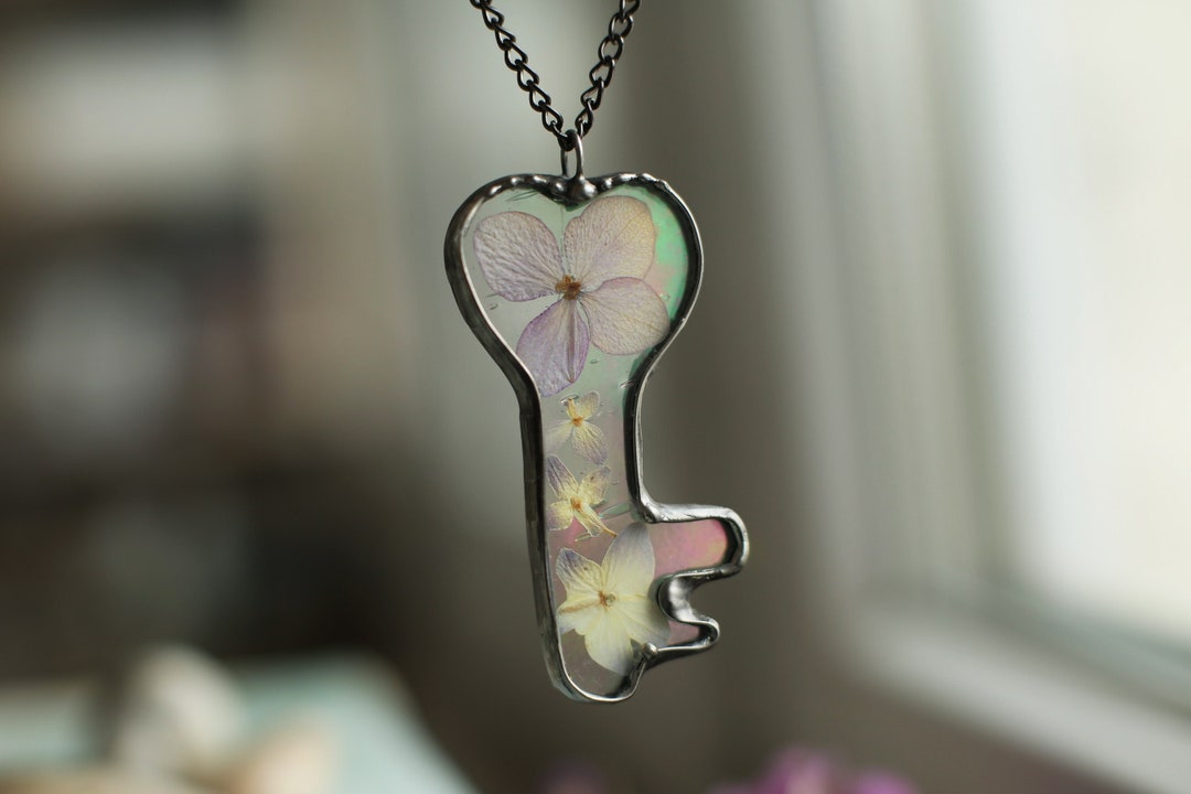 Stained Glass Key Necklace, Hydrangea Blossom Pendant, Key Love Jewelry ...