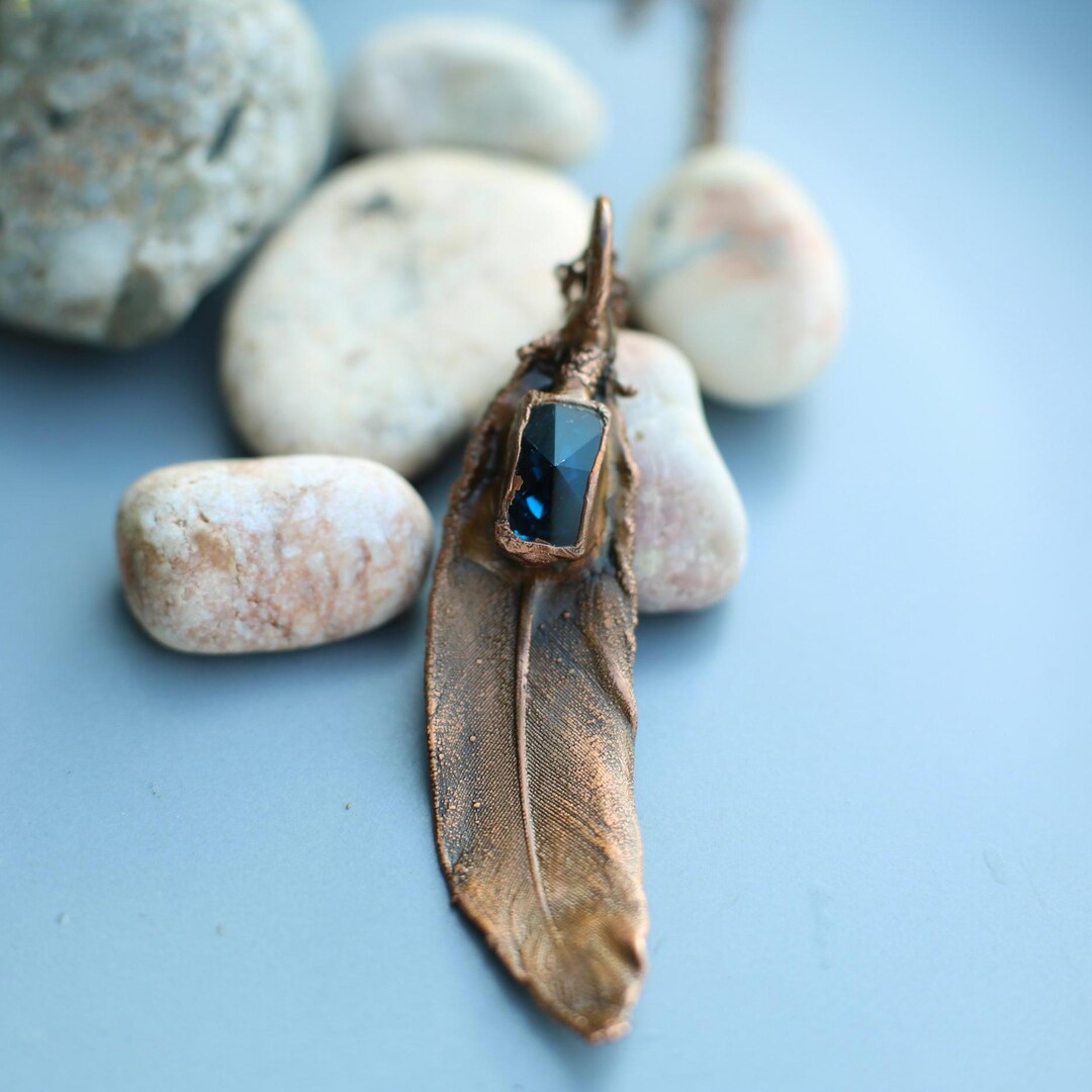Real Feather Necklace, Electrofrmed Boho Jewelry, Blue Crystal Pendant ...