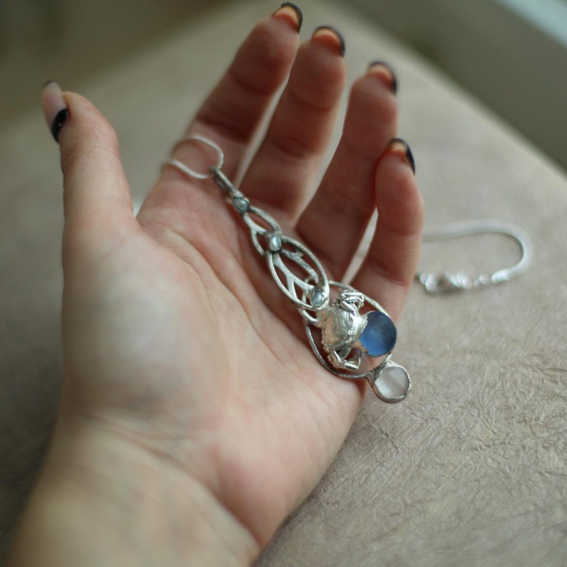 999 Silver Crab Necklace, Turquoise Sea Glass Pendant, Pure Silver ...