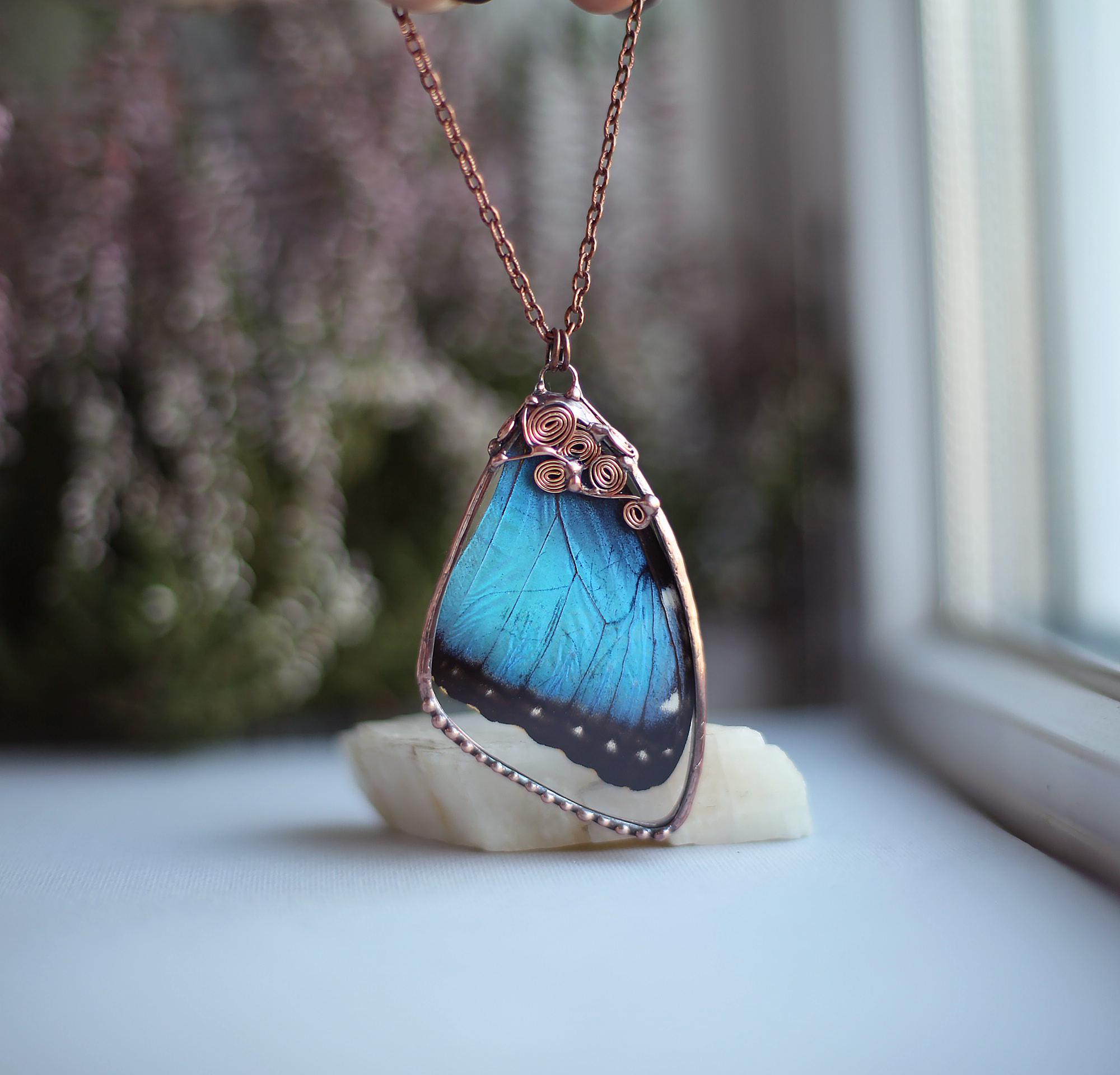 Real Butterfly Wing Necklace, Blue Moth Pendant, Insect Jewelry ...