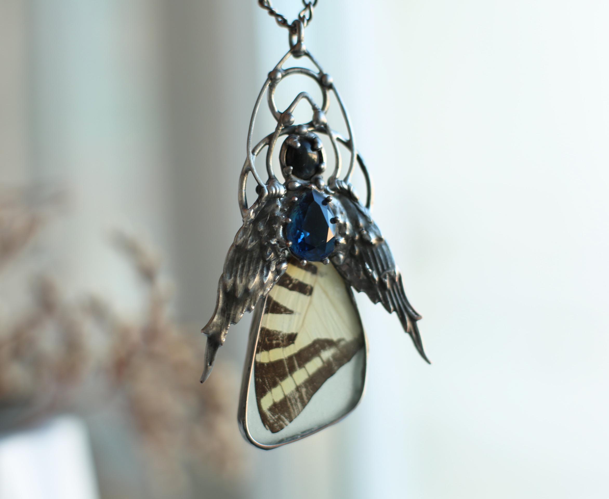 Real Butterfly Wing Pendant, Angel Wing Pendant, Blue Crystal Necklace ...