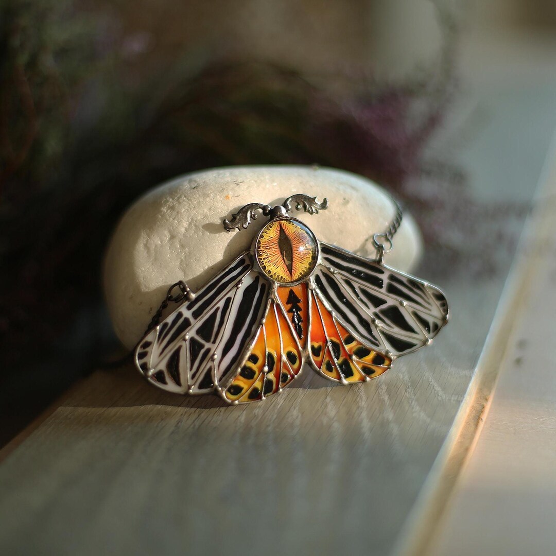 Large Moth Necklace, Magical Bug Jewelry, Orange Eye Pendant, Harnessed ...