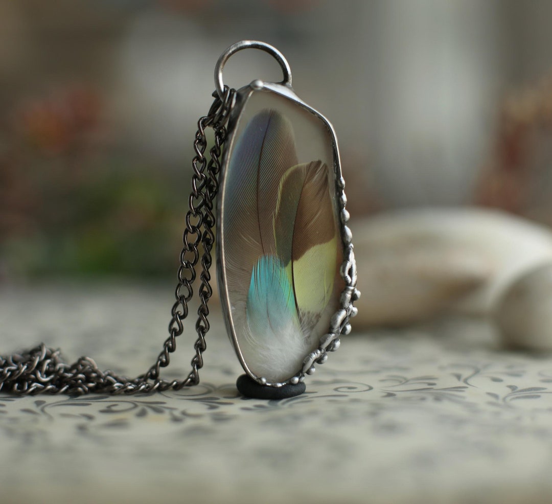 Terrarium Necklace, Blue Feather Necklace, Real Feather Jewelry, Memory ...