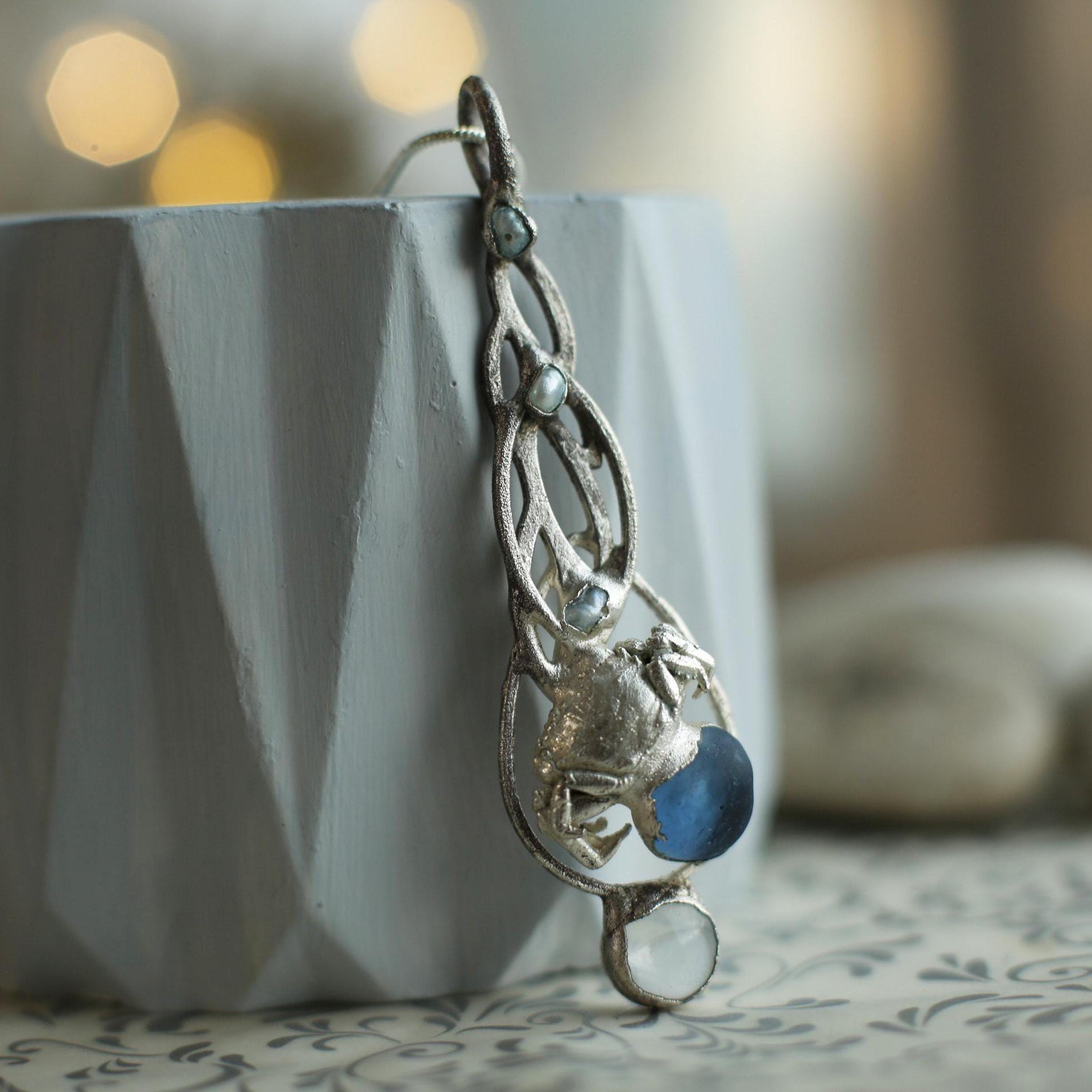 Silver Crab Necklace, Turquoise Sea Glass Pendant, Dainty Crab Charm ...