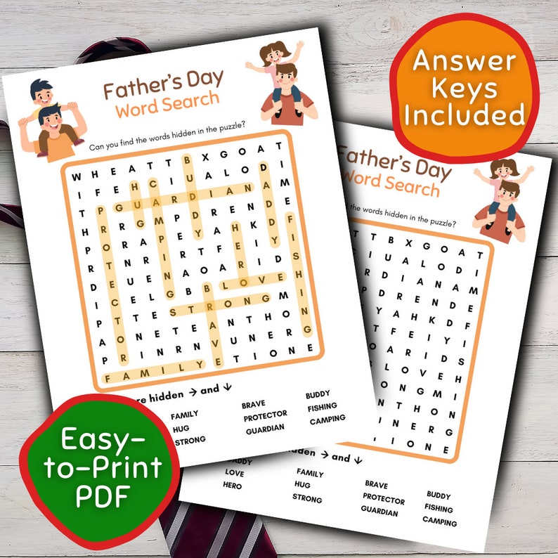 Father's Day Word Search: Printable Game for Kids (color & B/W) (PDF ...