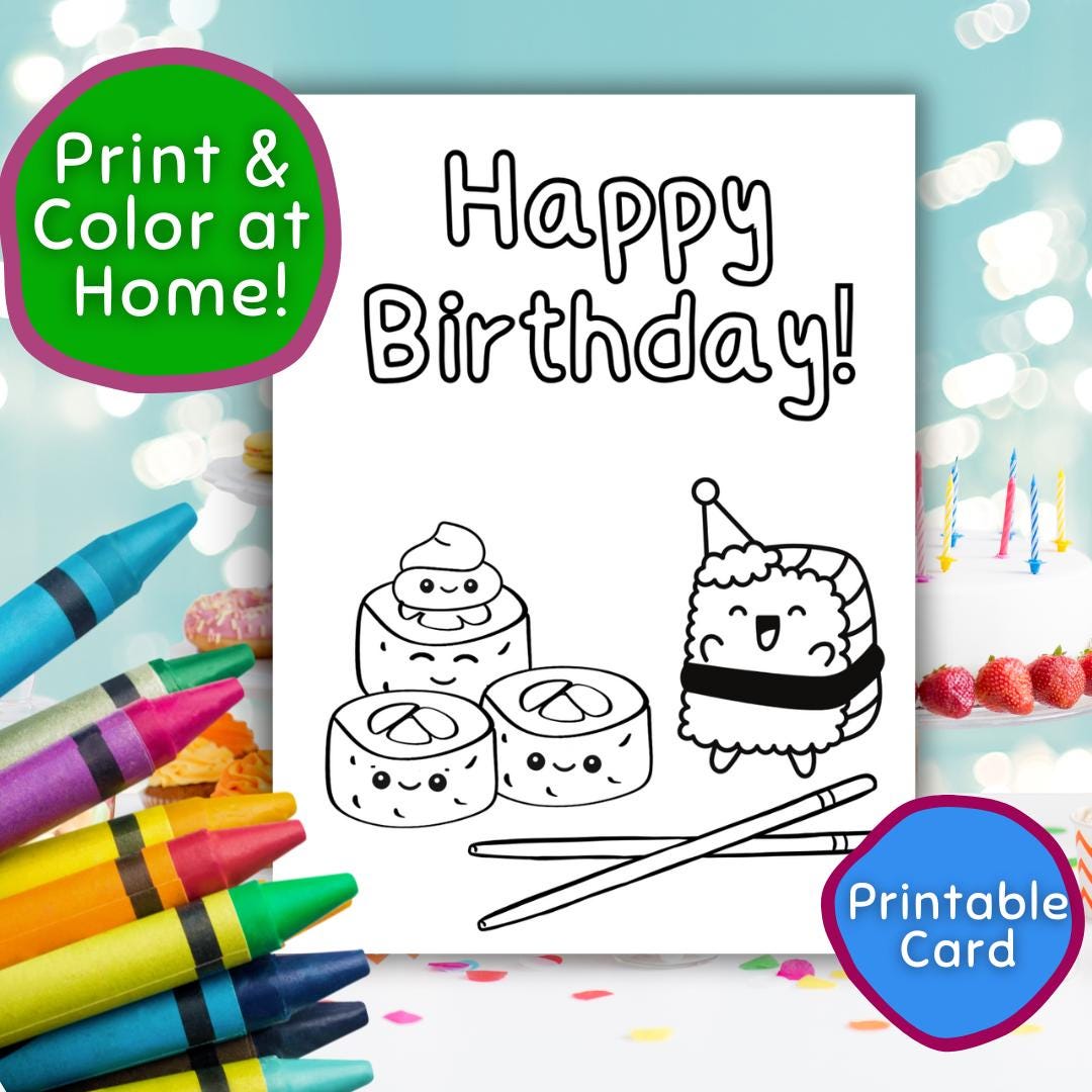 Sushi Birthday Card, Printable Happy Birthday Coloring Card, Printable ...
