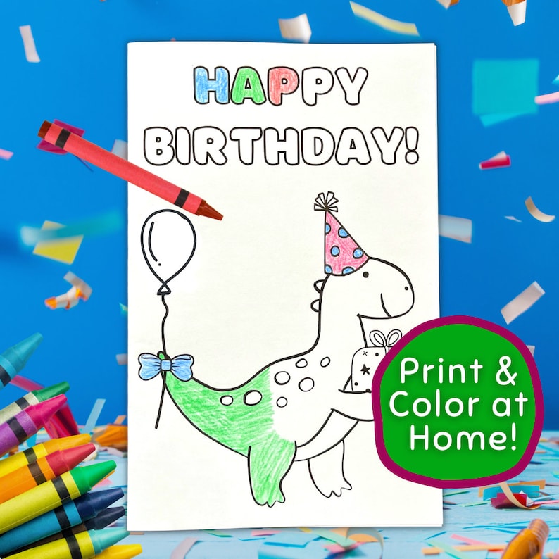 Printable Dinosaur Birthday Card, Happy Birthday Coloring Card Dino ...